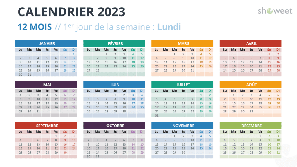 Calendrier 2023 pour PowerPoint et Google Slides - Showeet